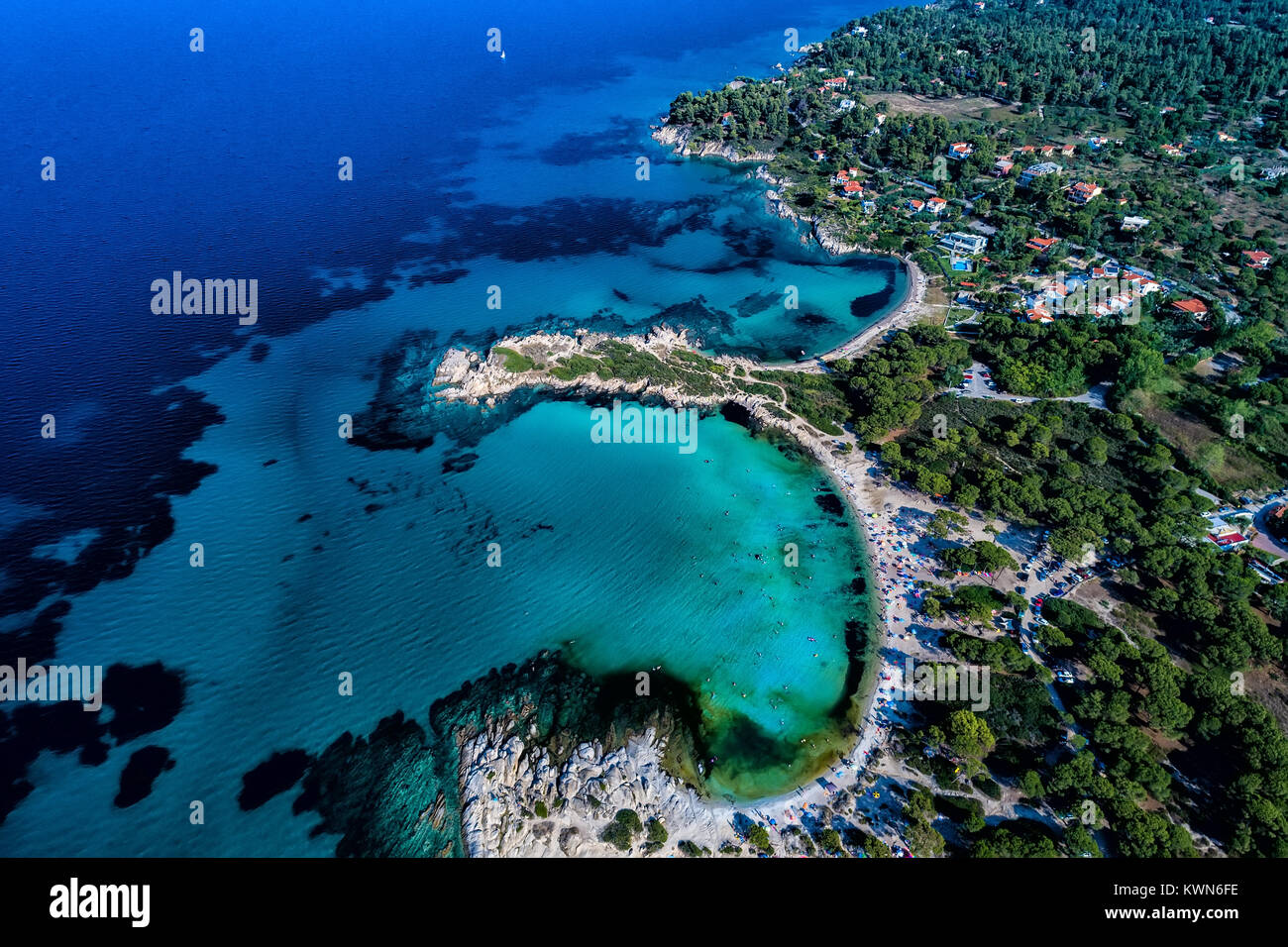 Aerial view of the beautiful Karidi beach in the Vourvourou of ...