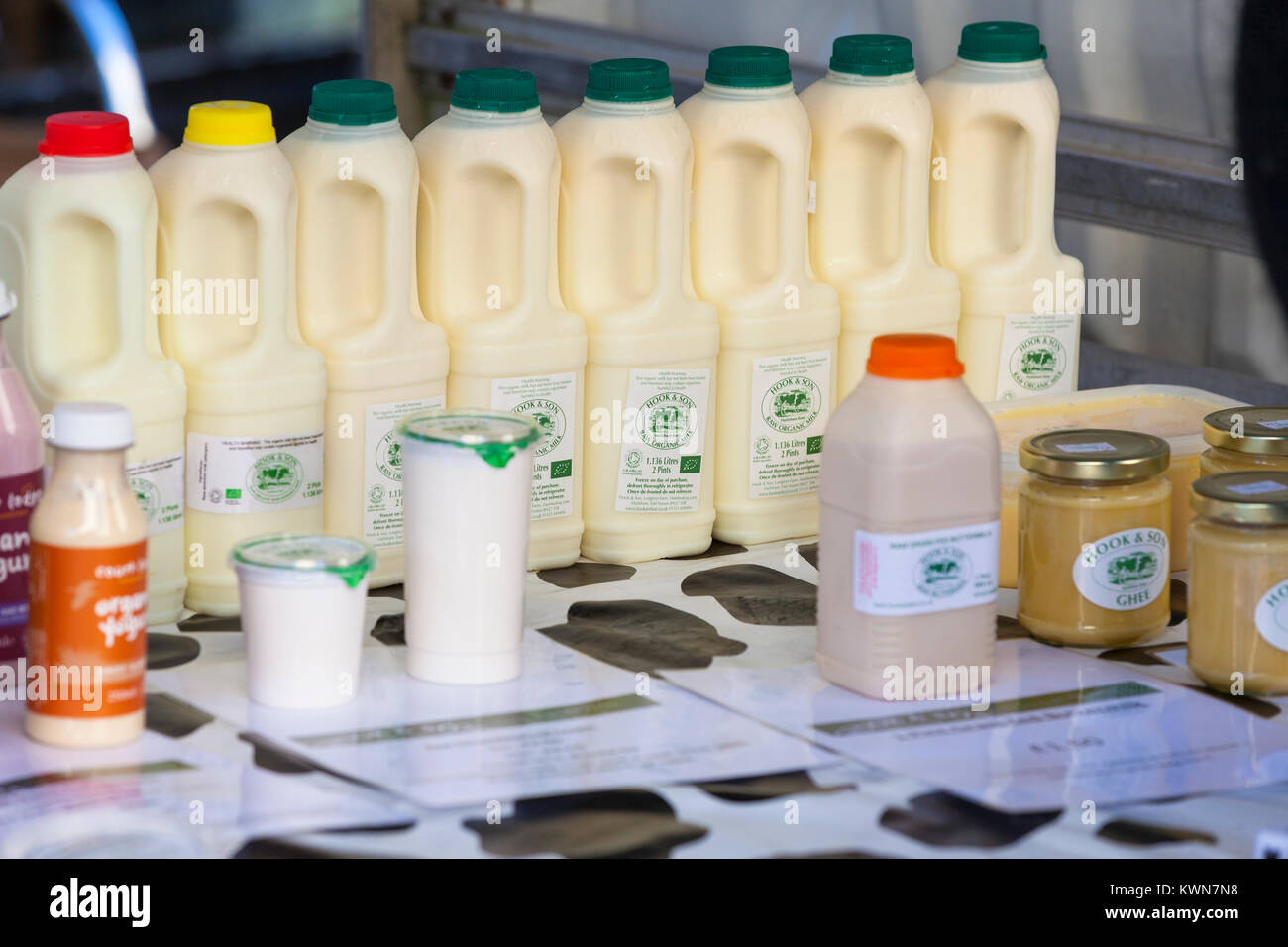 Raw Organic plastic bottled milk sold in cartons Stock Photo - Alamy