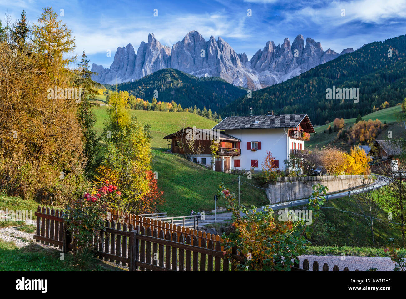 The Val di Funes Valley and village of Santa Maddalena with views of ...