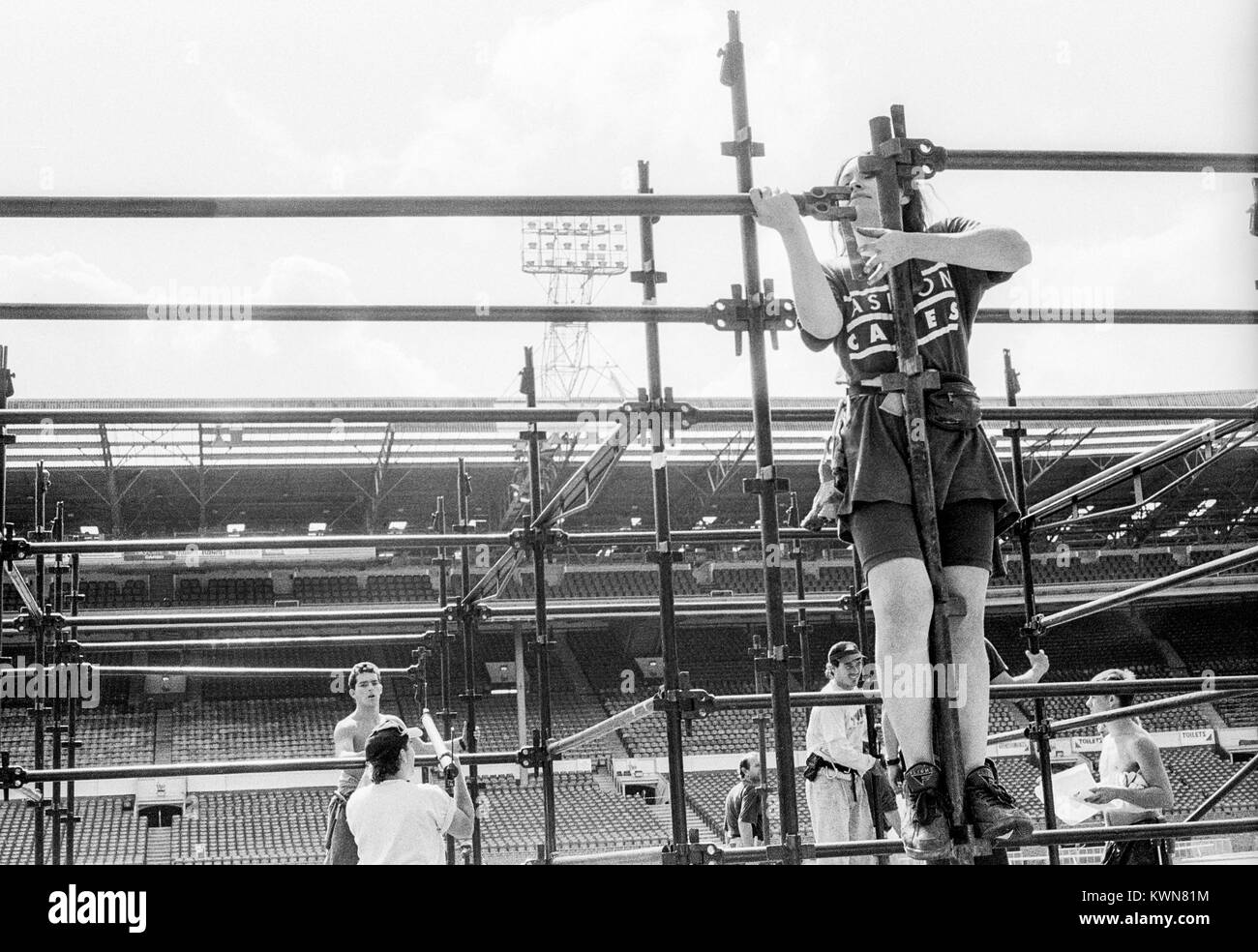 Edwin Shirley Staging crew building a stage in Wembley Stadium for the ...