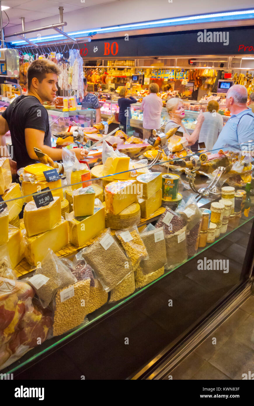 Cheese and ham stall, Mercat de Santa Catalina, market hall, Palma, Mallorca, Balearic islands ...