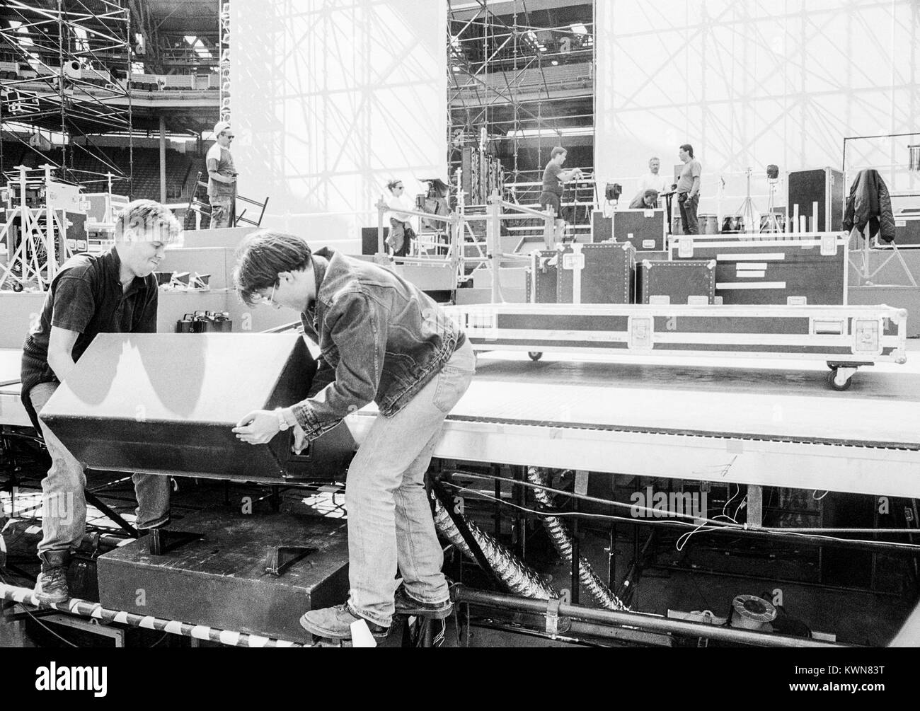 Edwin Shirley Staging crew building a stage in Wembley Stadium for the ...