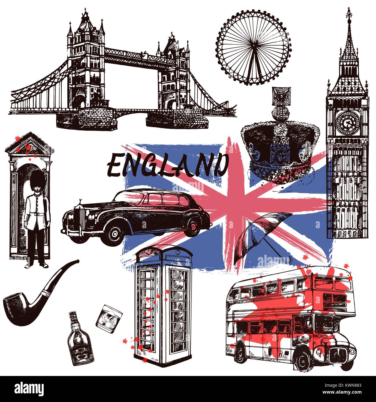 Set of hand drawn sketch style England themed objects. Vector ...