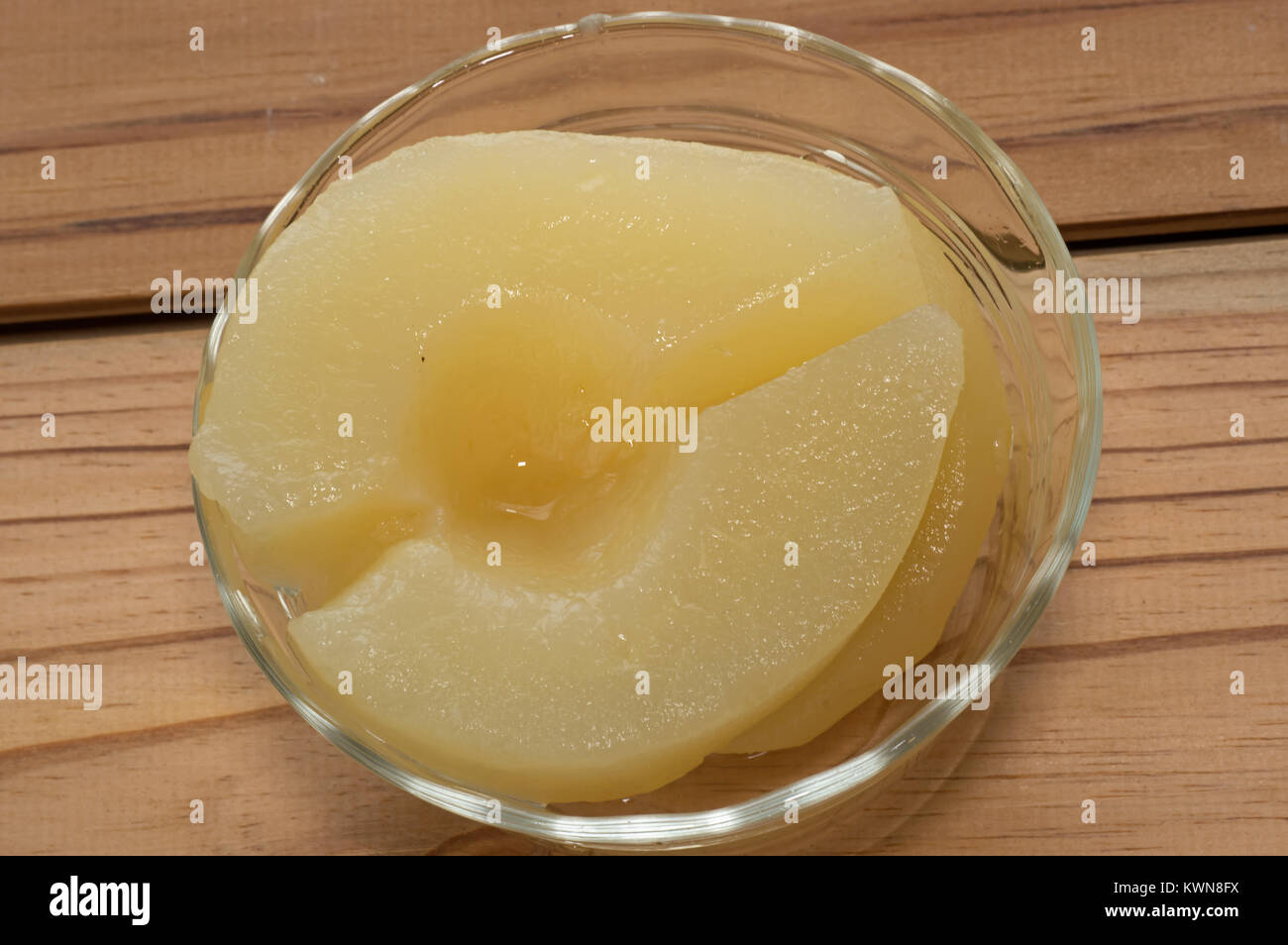 Freshly canned pears displayed in a clear glass dish. Pear is any of ...