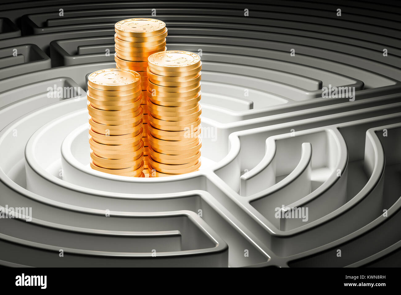Golden coins at center of dark maze, 3D rendering Stock Photo - Alamy