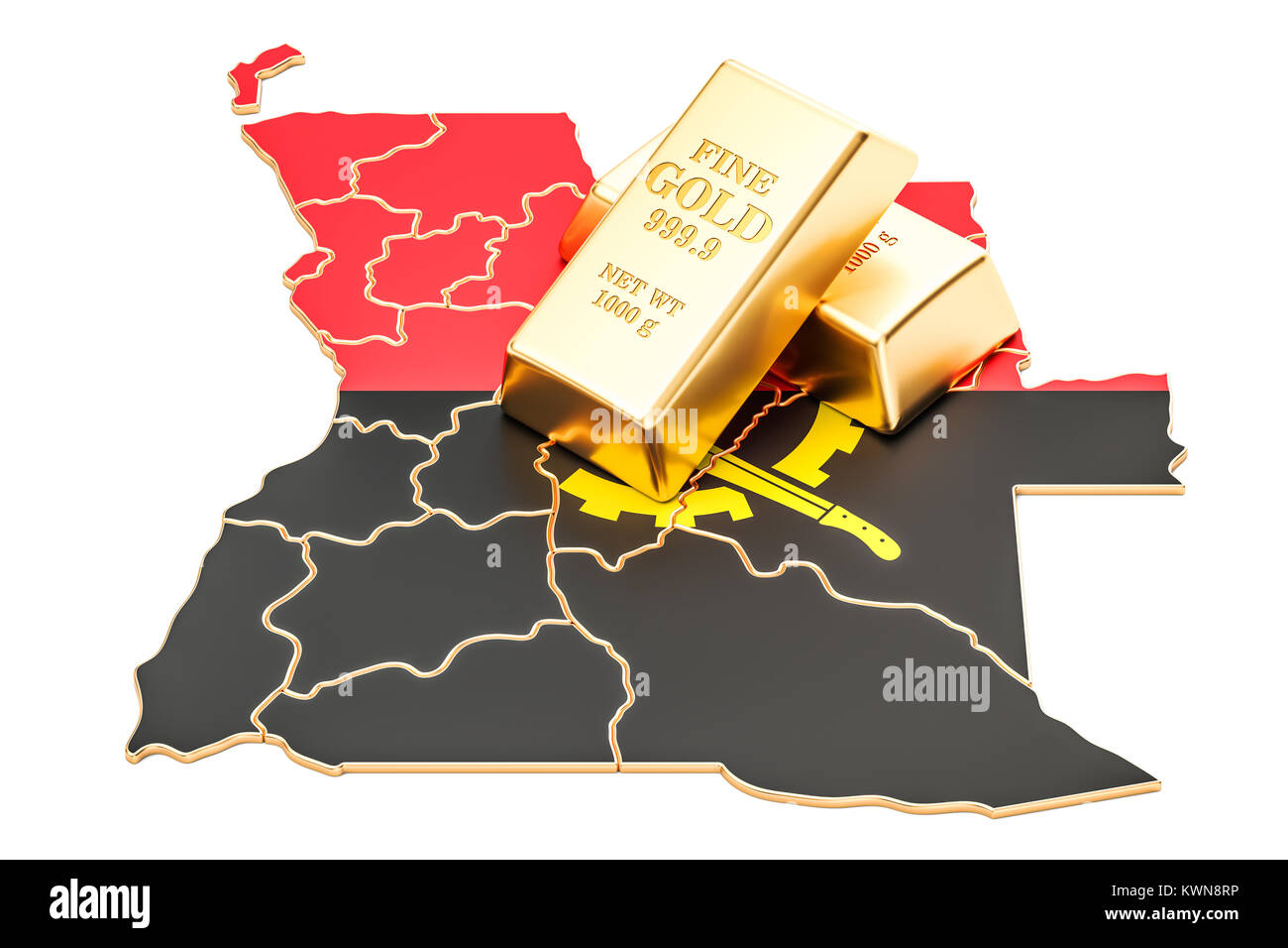 Golden reserves of Angola concept, 3D rendering isolated on white ...