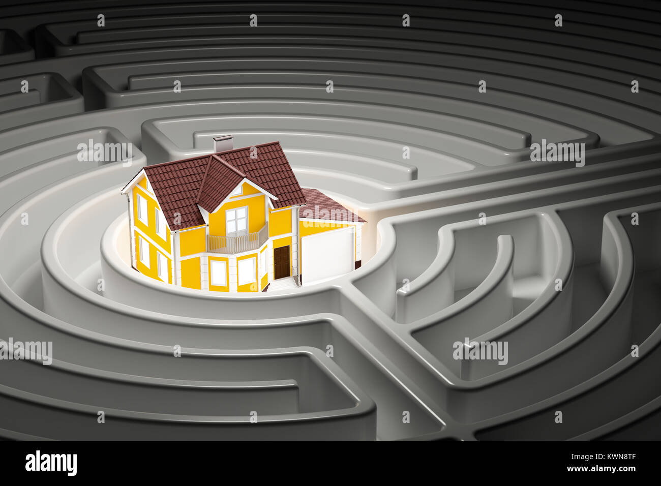 House inside labyrinth maze, 3D rendering Stock Photo - Alamy