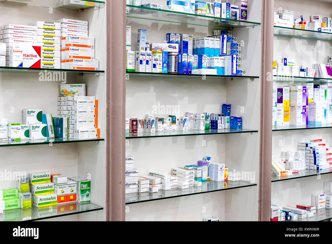 SIDE, TURKEY - 4 OCTOBER , 2017: Pharmacy cabinets with medicines and ...