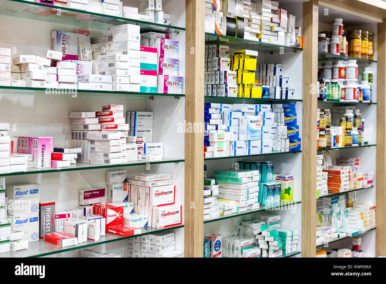 SIDE, TURKEY - 4 OCTOBER , 2017: Pharmacy cabinets with medicines and ...