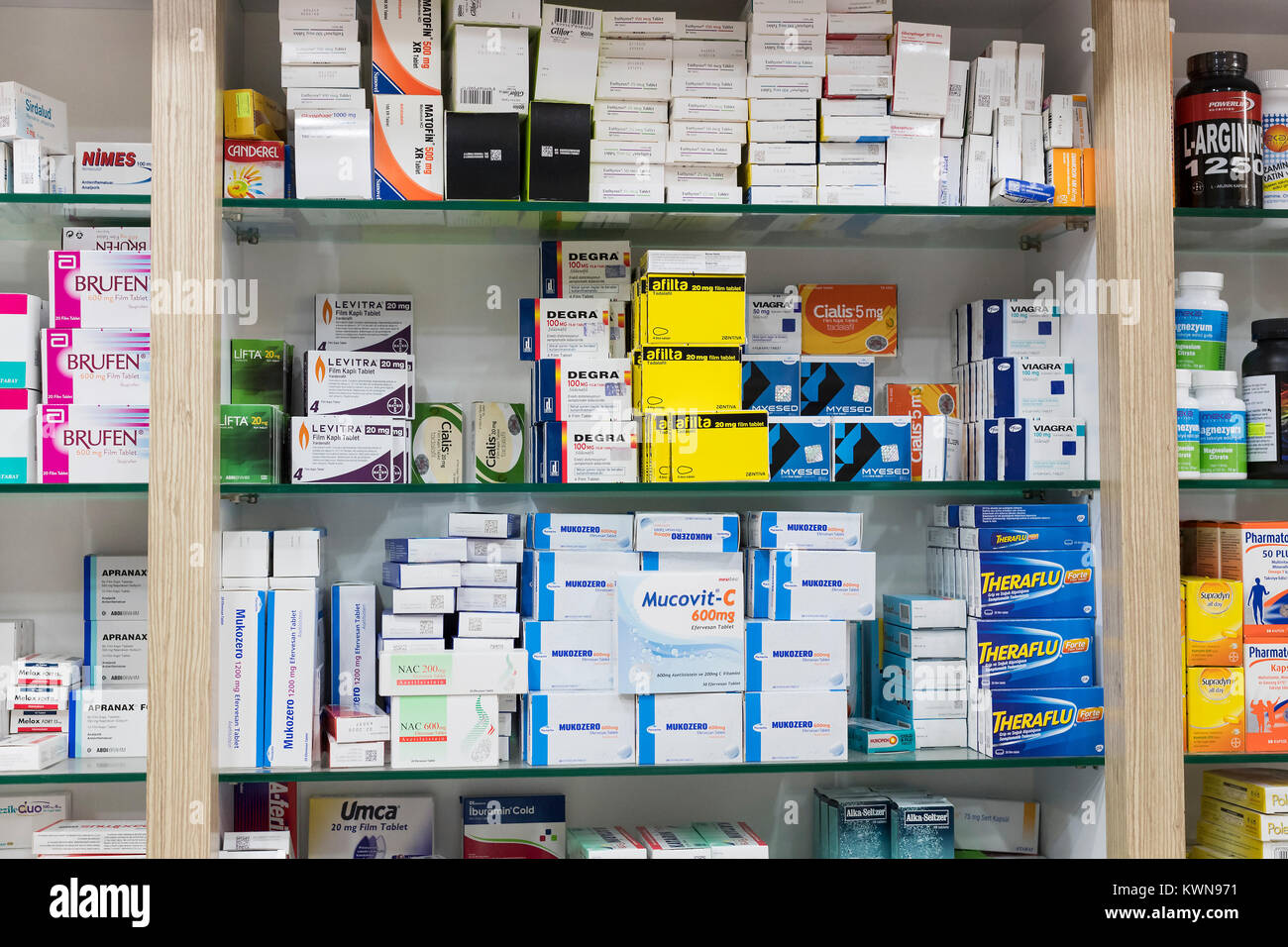 SIDE, TURKEY - 4 OCTOBER , 2017: Pharmacy cabinets with medicines and ...