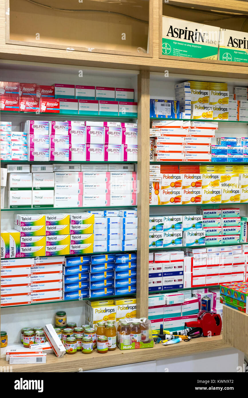 SIDE, TURKEY - 4 OCTOBER , 2017: Pharmacy cabinets with medicines and ...