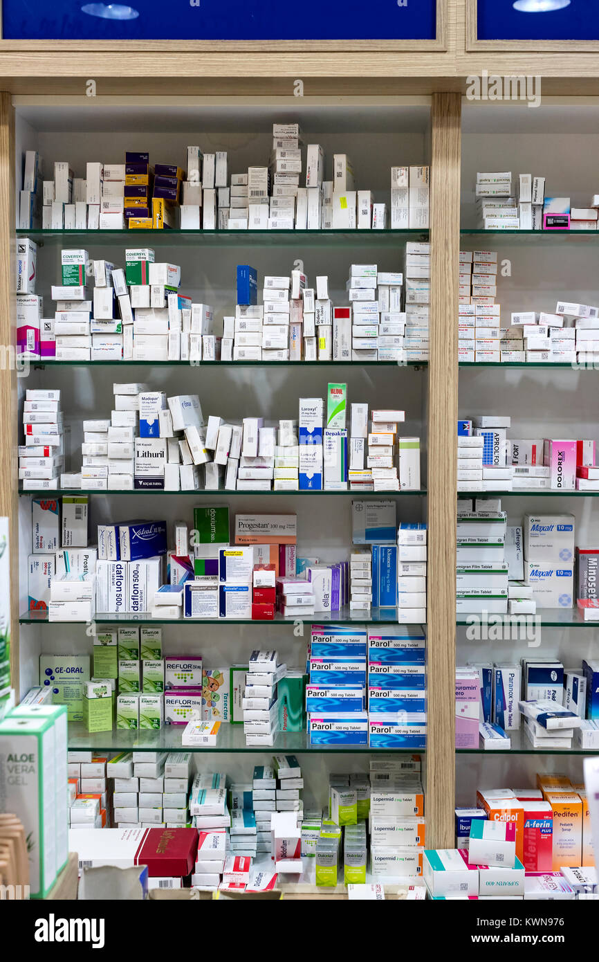SIDE, TURKEY - 4 OCTOBER , 2017: Pharmacy cabinets with medicines and ...