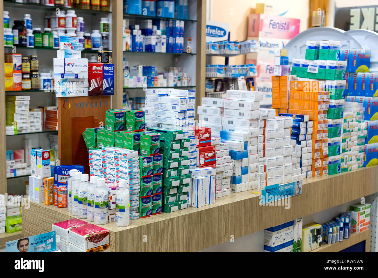 SIDE, TURKEY - 4 OCTOBER , 2017: Pharmacy cabinets with medicines and ...