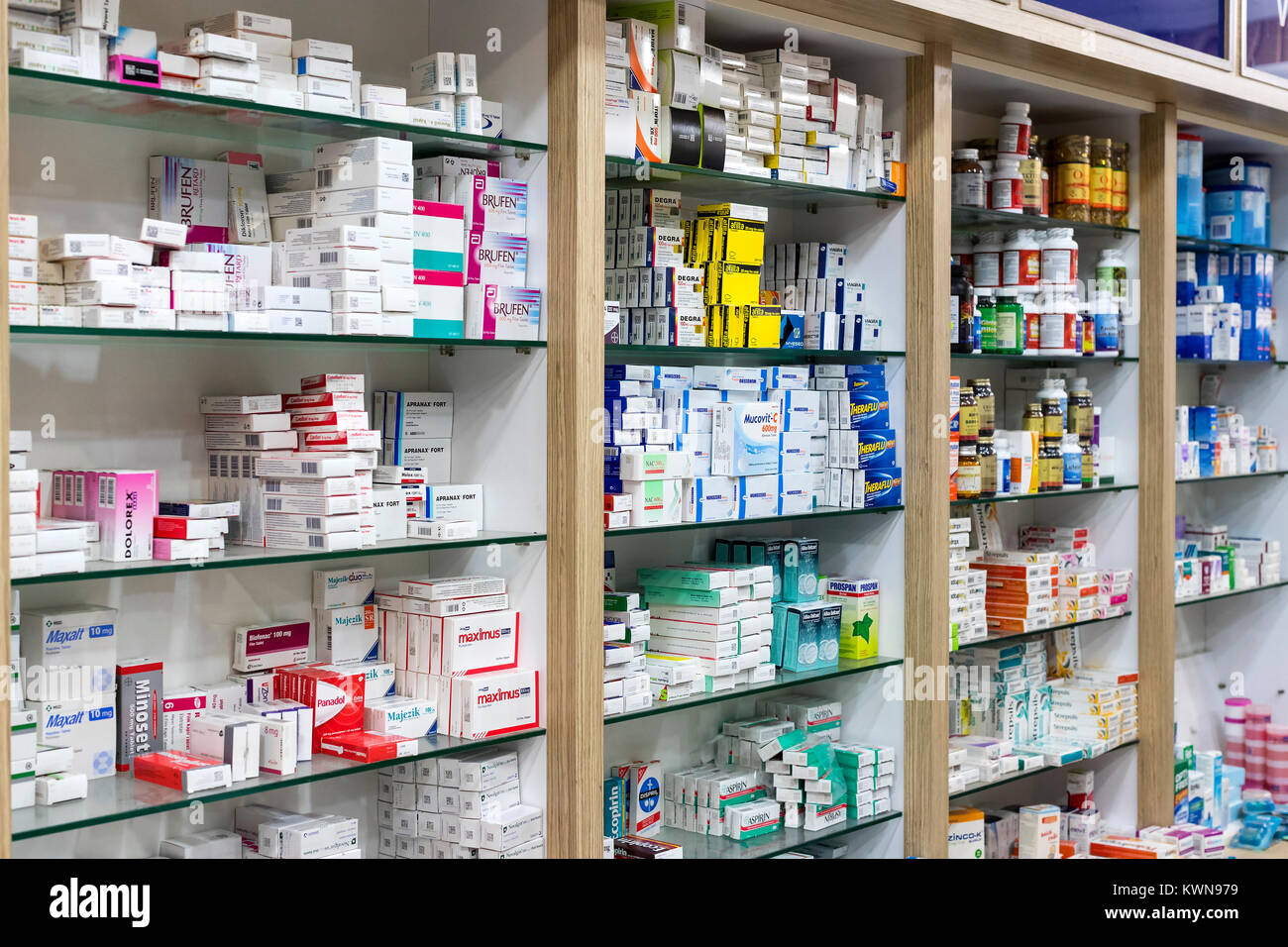 SIDE, TURKEY - 4 OCTOBER , 2017: Pharmacy cabinets with medicines and ...