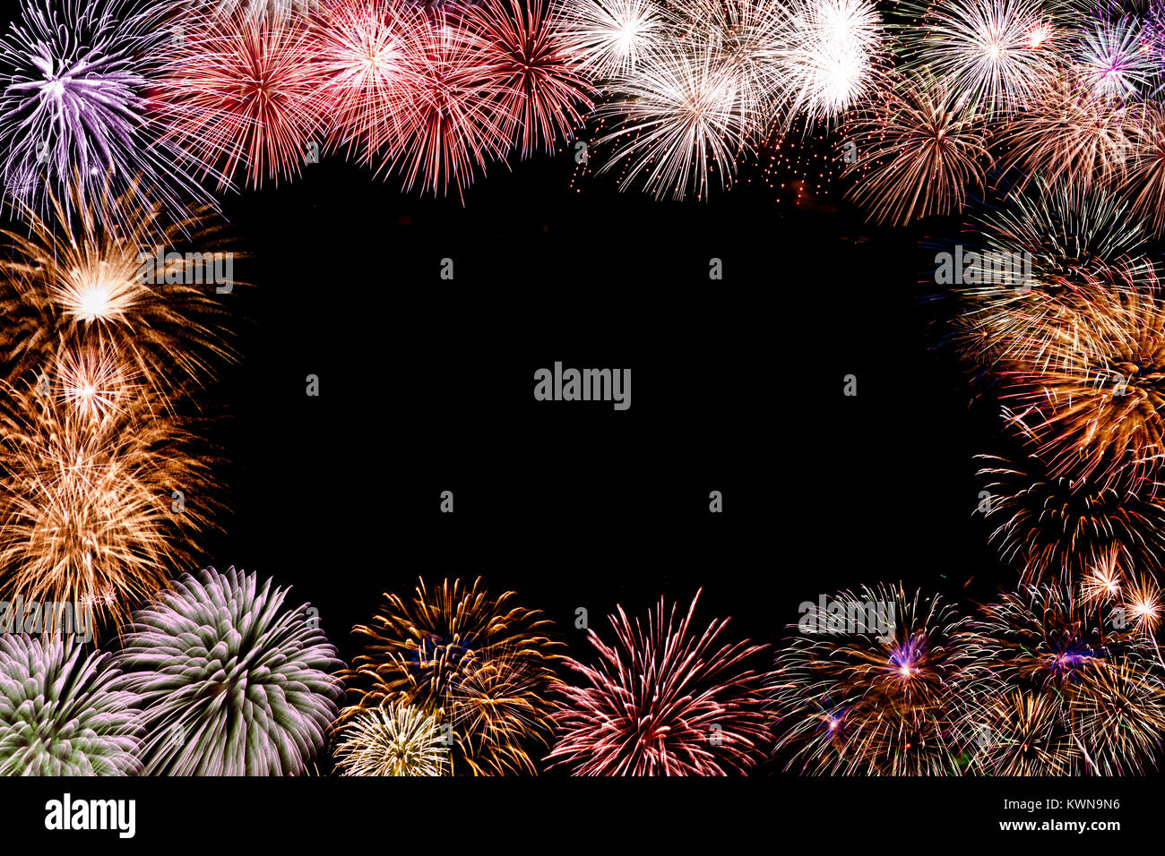 colourful fireworks display isolated frame with space in middle Stock ...