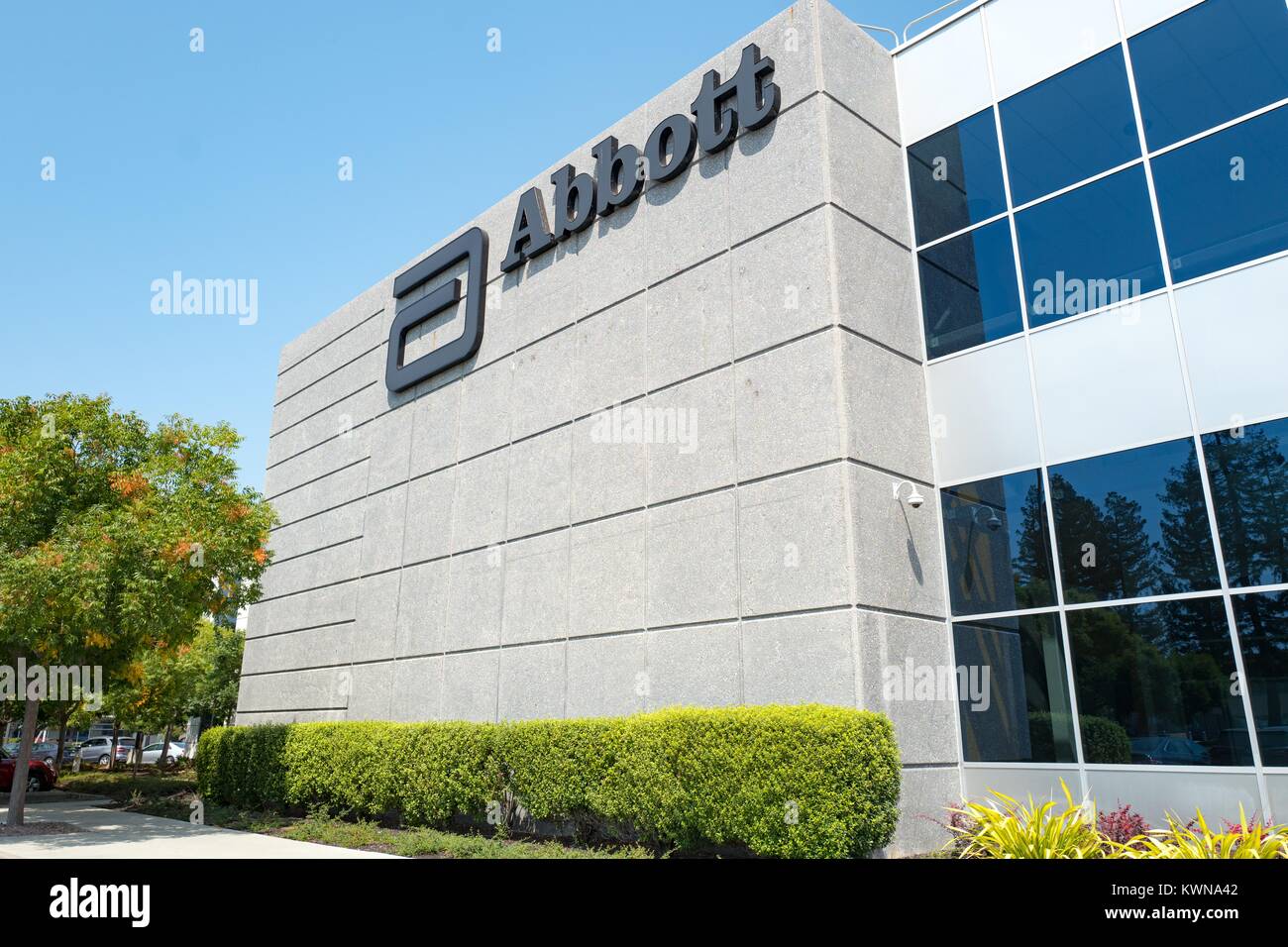 Signage with logo at the Silicon Valley headquarters of pharmaceutical ...