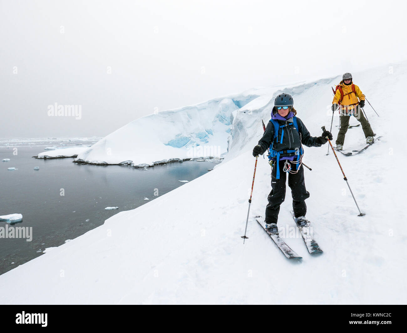Alpine ski mountaineers skiing downhill in Antarctica Stock Photo - Alamy