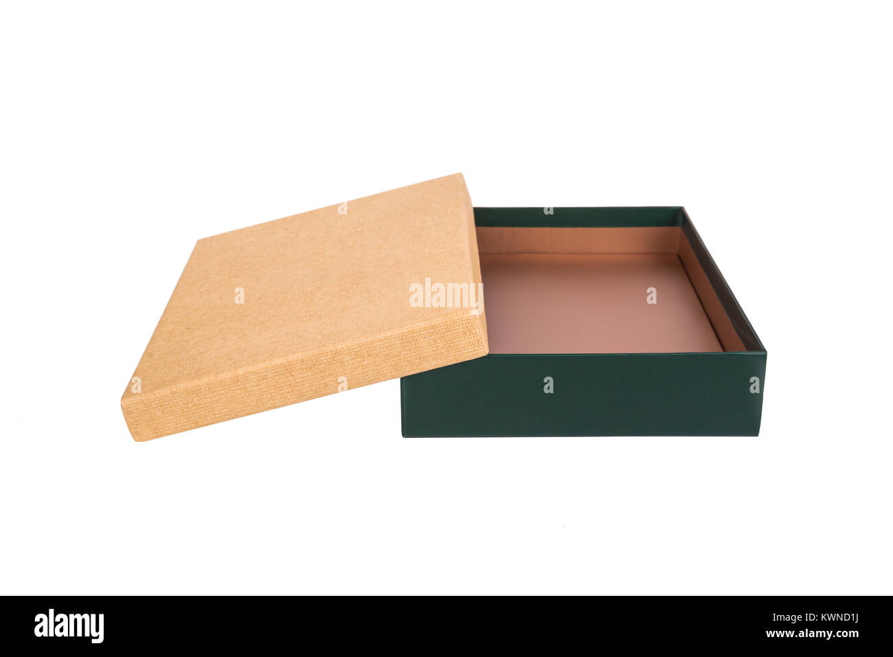 Cardboard green gift box with golden yellow cover, isolated on white ...