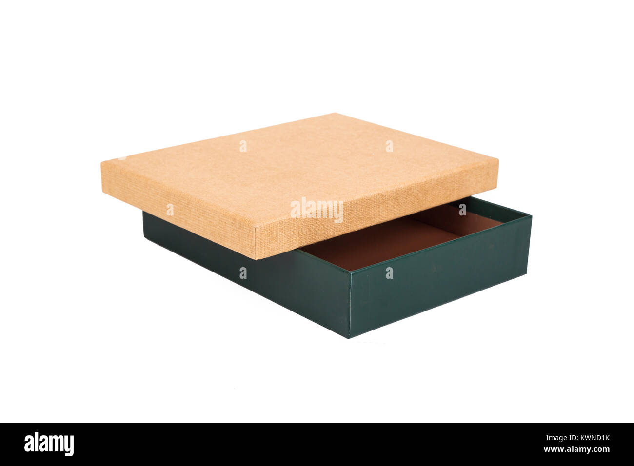 Cardboard green gift box with golden yellow cover, isolated on white ...