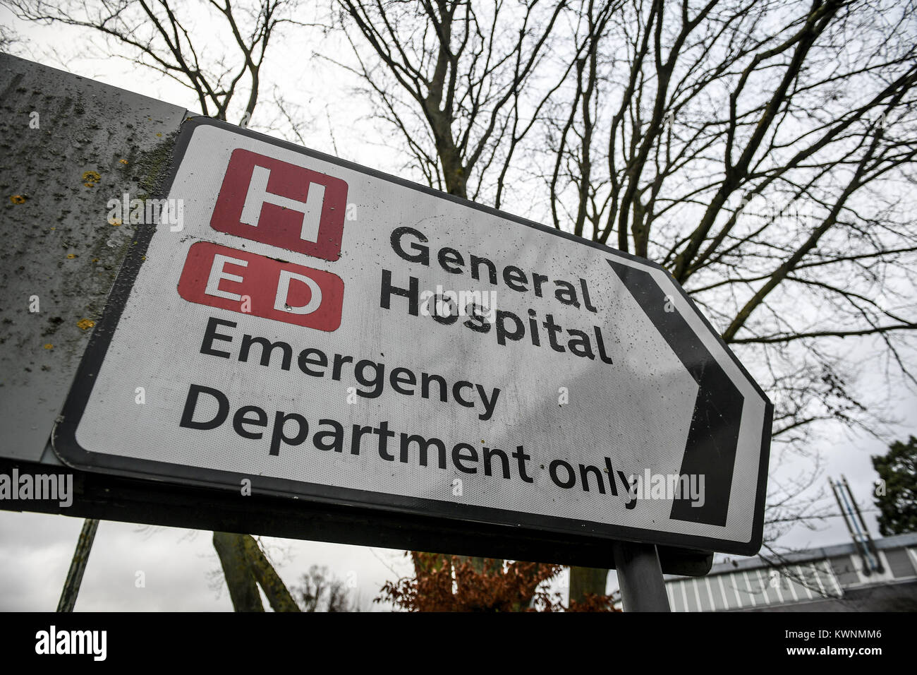 A General Hospital and Emergency Department road sign outside ...