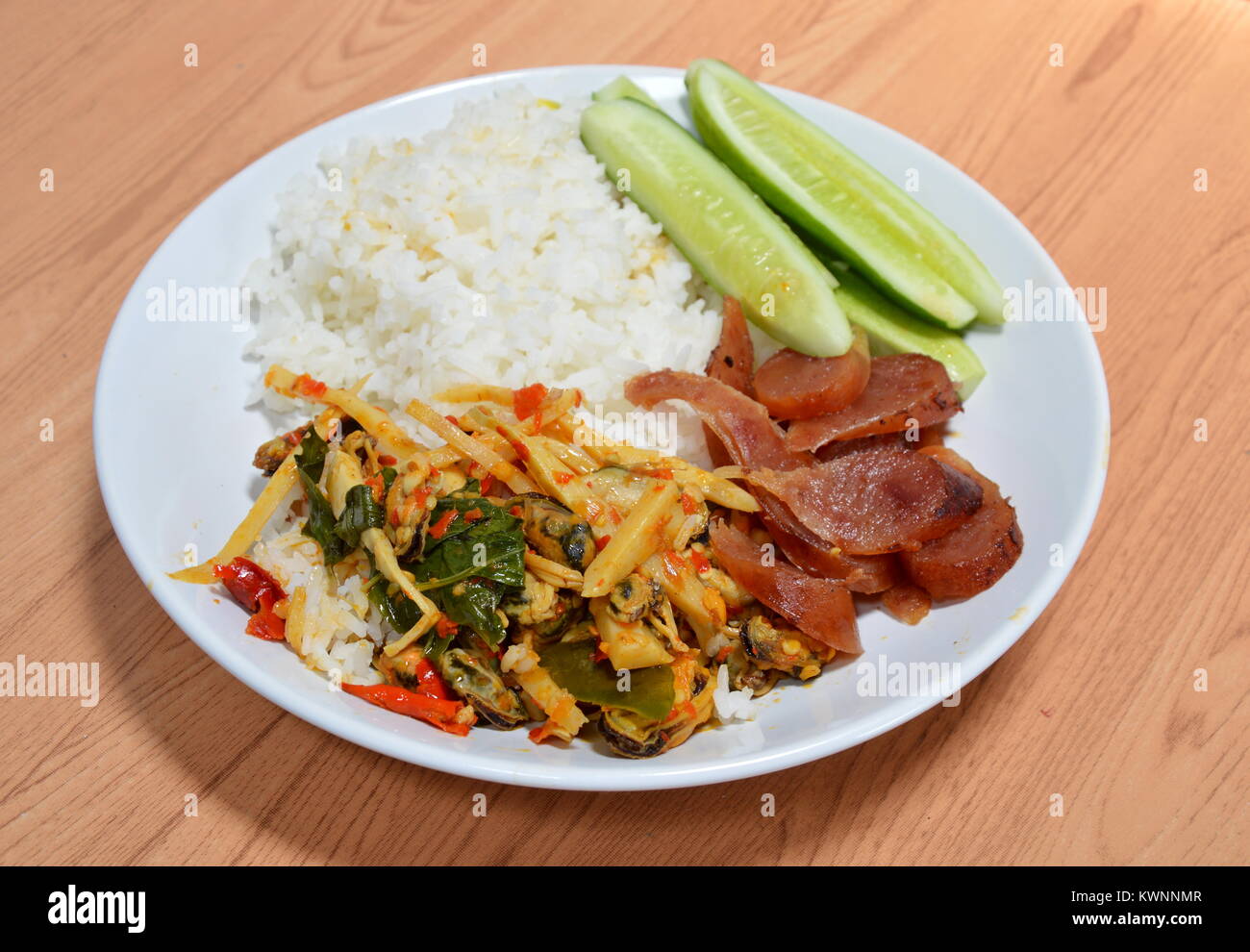 spicy stir bamboo with mussel and fried Chinese sausage Stock Photo - Alamy