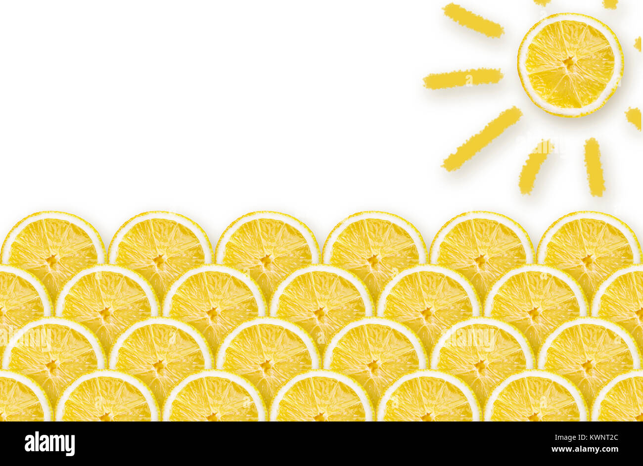 hand drawn sun with many juicy lemon slices on white background Stock ...