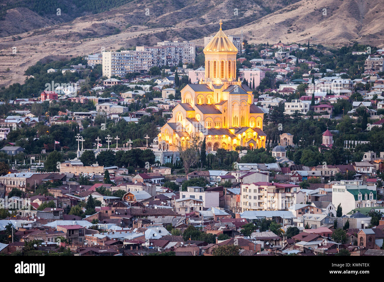 The Holy Trinity Cathedral of Tbilisi (Tsminda Sameba Church) at night ...