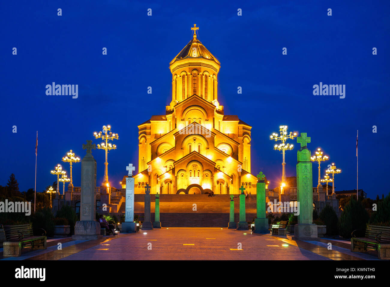 Holy Trinity Cathedral of Tbilisi (Tsminda Sameba Church) at night in ...