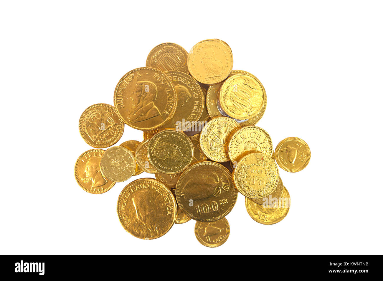 Scattered chocolate coins wrapped in realistic gold foil. Isolated ...