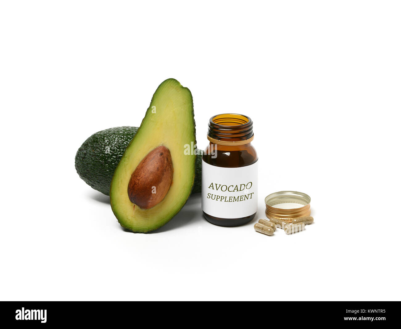 Avocado food supplements in the capsules - isolated on white background ...