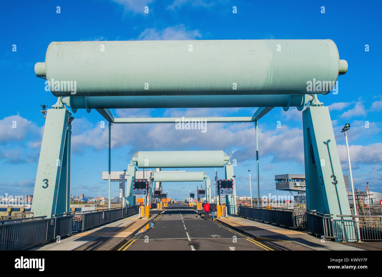 Three Bascule Bridges on the Cardiff Bay barrage south Wales Stock ...
