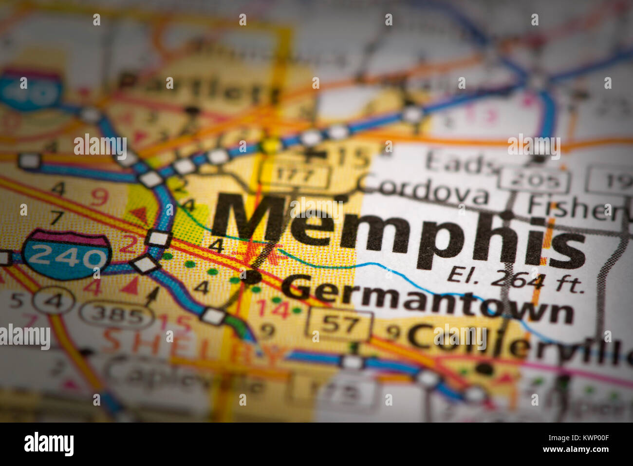 Closeup of Memphis, Tennessee on a road map of the United States Stock ...