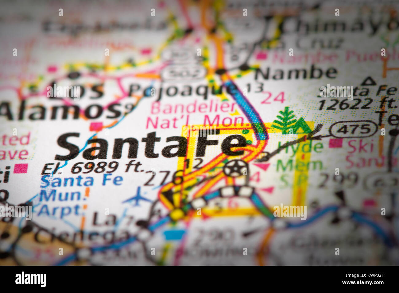 Closeup of Santa Fe, New Mexico on a road map of the United States ...