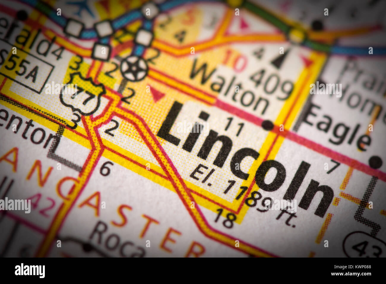 Closeup of Lincoln, Nebraska on a road map of the United States Stock ...