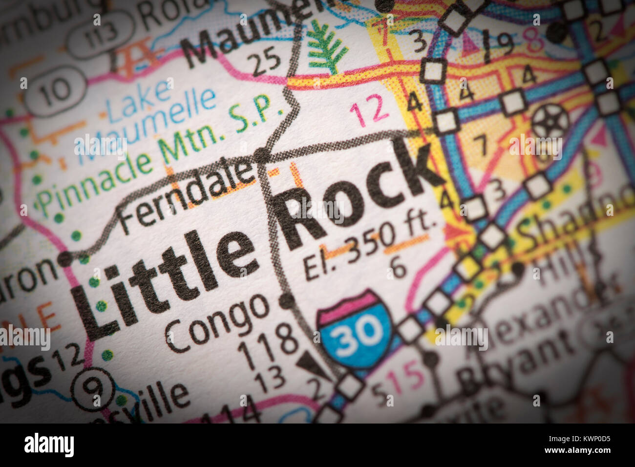 Closeup of Little Rock, Arkansas on a road map of the United States ...
