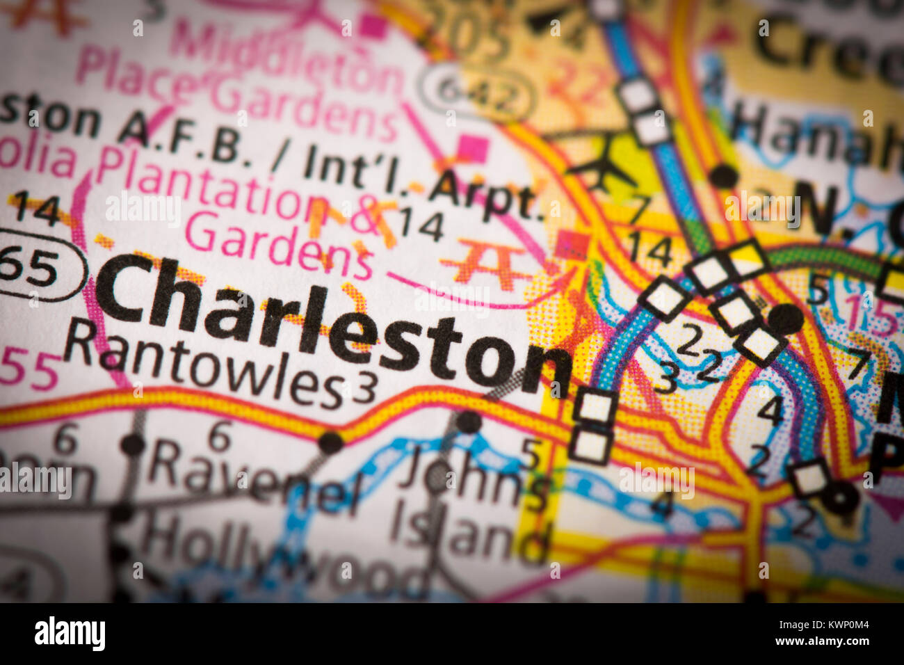 Closeup of Charleston, South Carolina on a road map of the United ...
