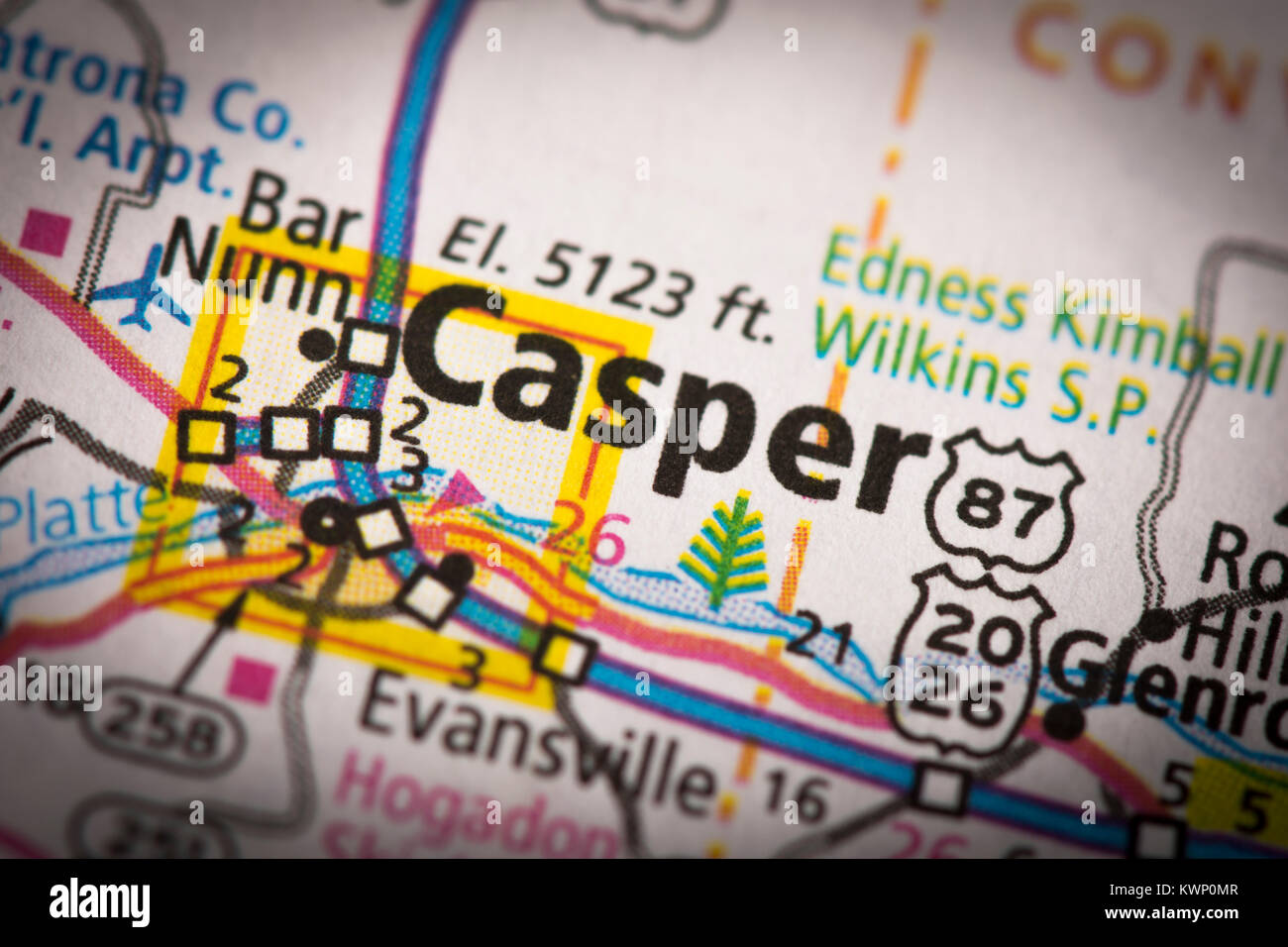 Closeup of Casper, Wyoming on a road map of the United States Stock ...