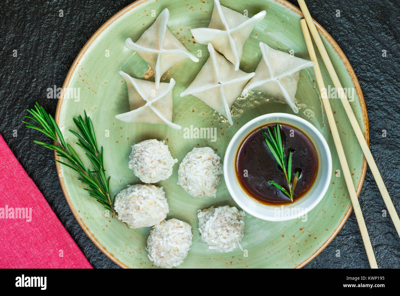 Dim sum - chinese chicken dumplings and coconut coated prawn snowballs ...