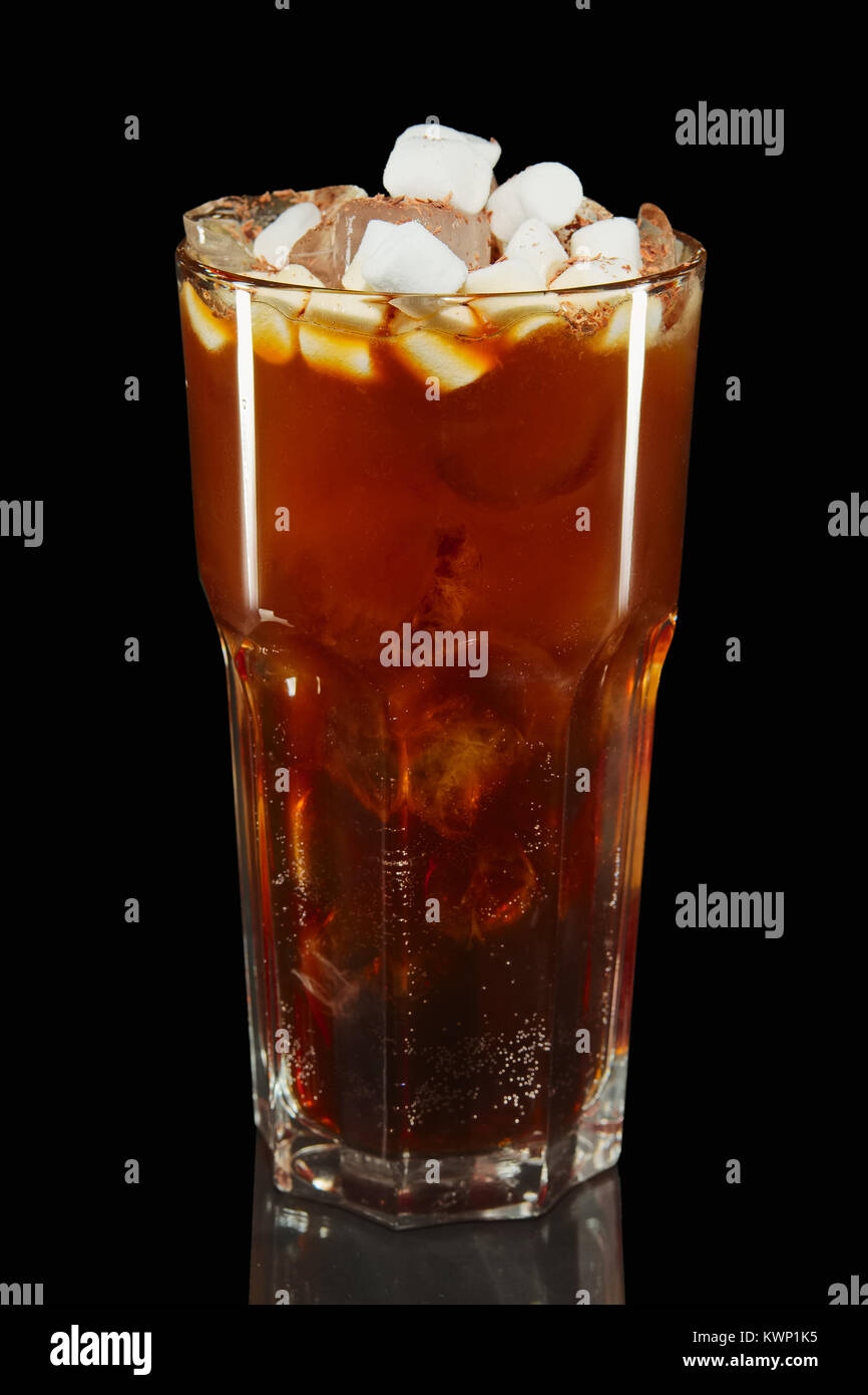 Ice chocolate or cacao in glass decorated with marshmallow and ...