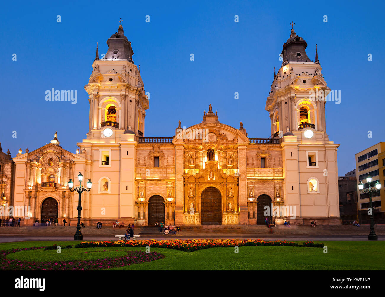 The Basilica Cathedral of Lima at sunset, it is a Roman Catholic ...
