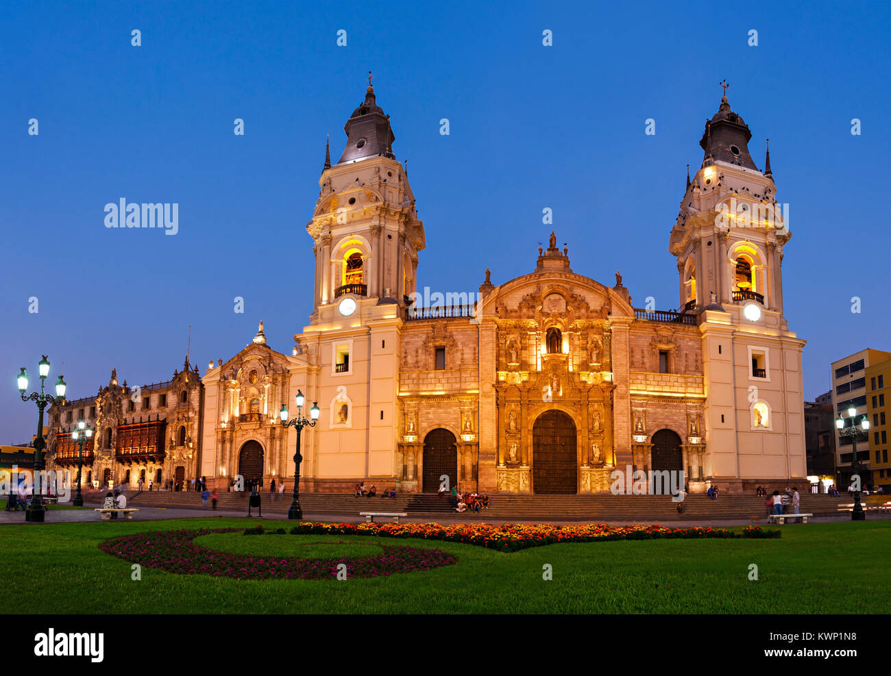 The Basilica Cathedral of Lima at sunset, it is a Roman Catholic ...
