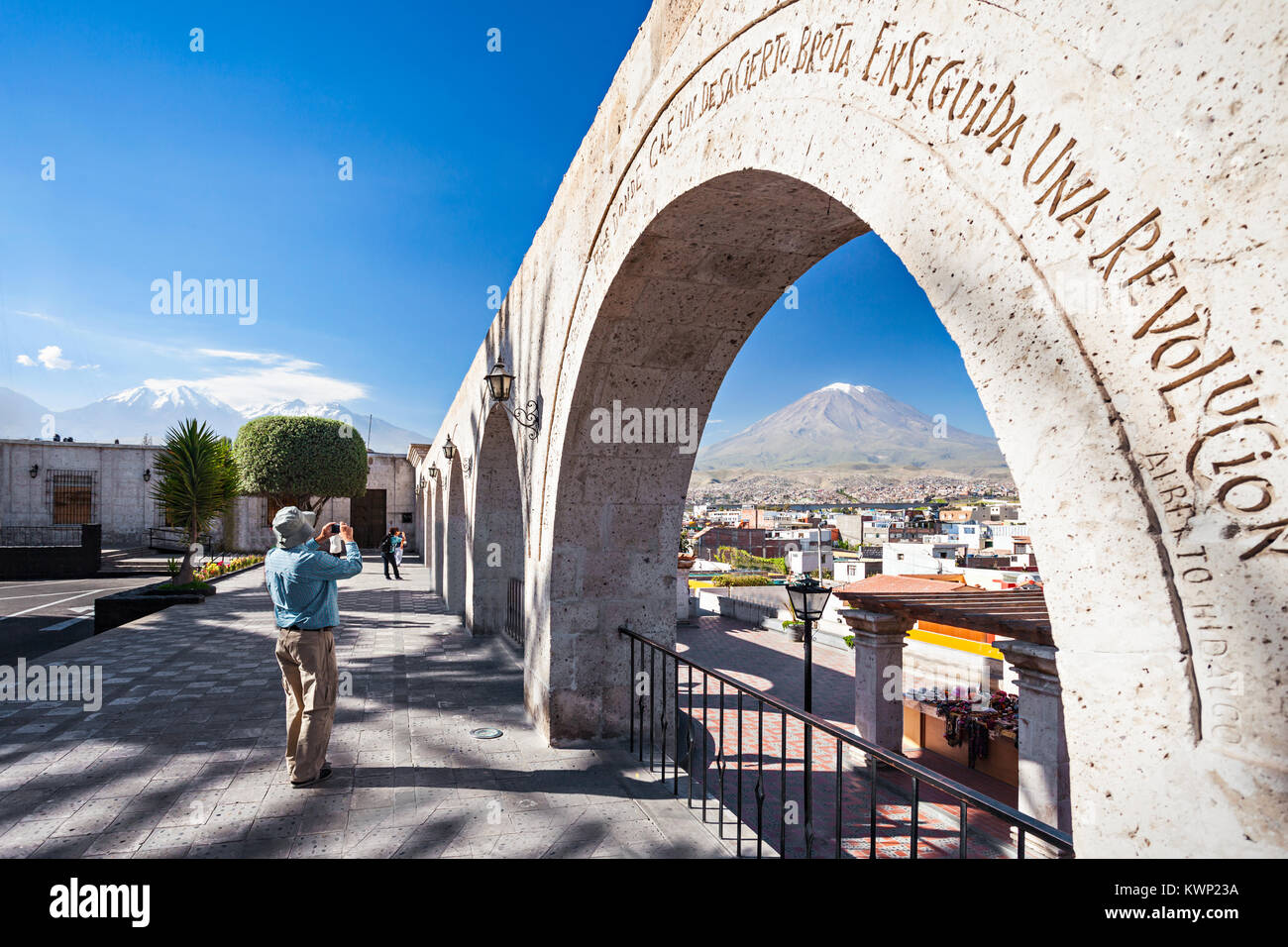 Decorated arch at the Yanahuara viewpoint in Arequipa, Peru Stock Photo ...