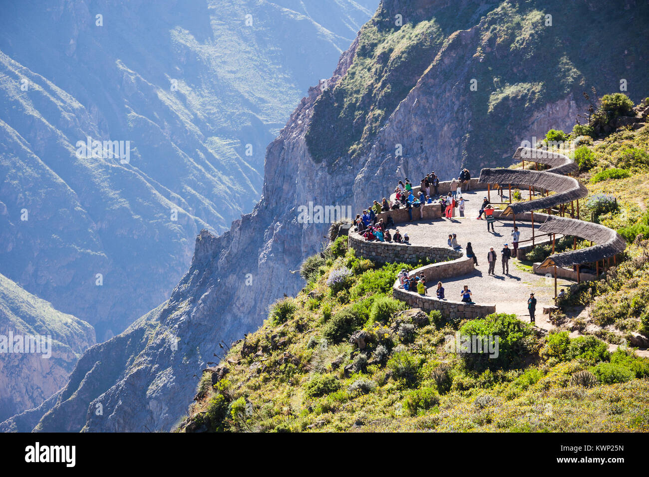 Tourists at the Cruz Del Condor viewpoint, Colca canyon, Peru Stock ...