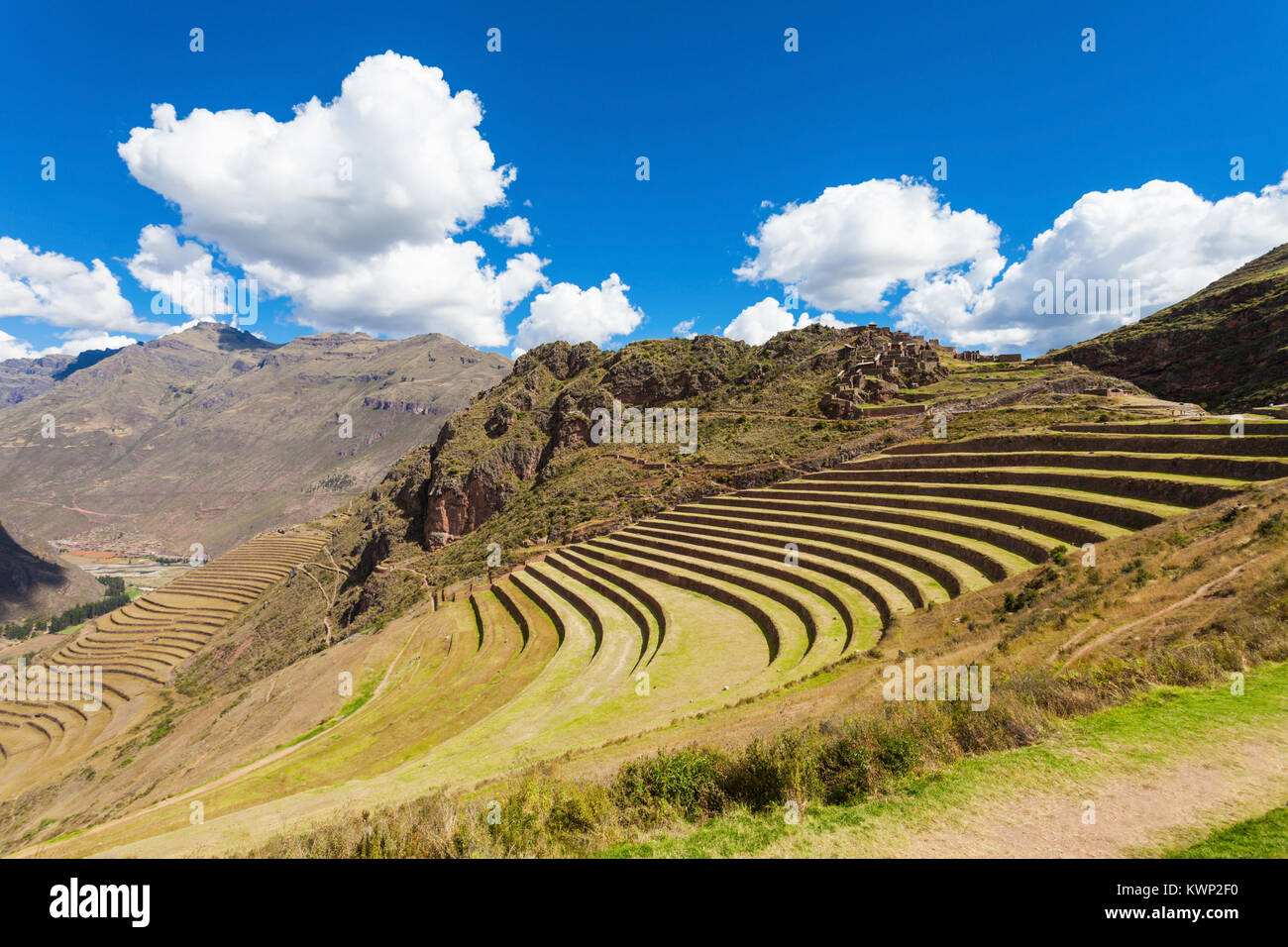 Inca terraces in Pisac. It is a Peruvian village in the Sacred Valley ...