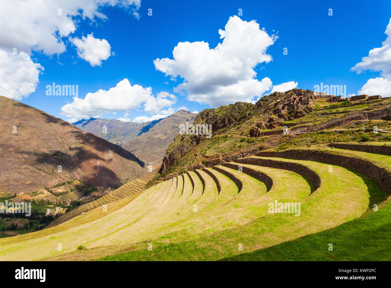 Inca terraces in Pisac. It is a Peruvian village in the Sacred Valley ...
