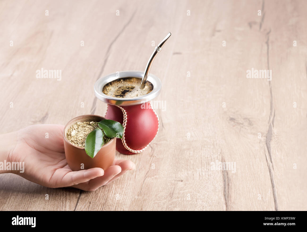 Yerba mate in a traditional calabash gourd, dry mate in hand, space for ...