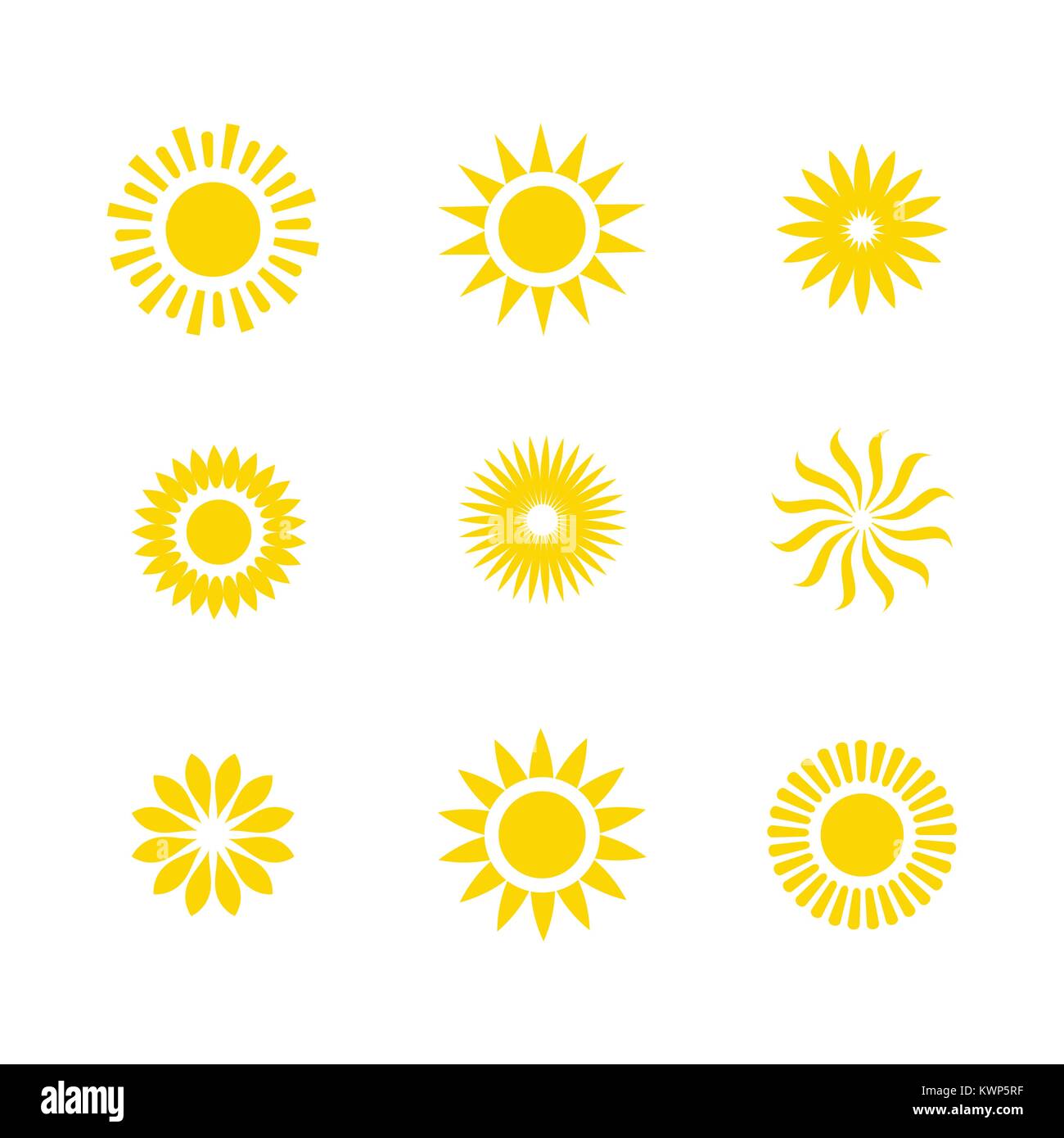 Typical sunshine or sunny icon set with rays of sun beating Stock ...