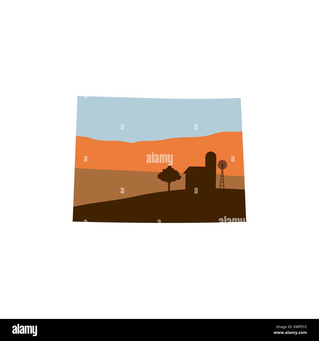 Colorado State Shape w Farm at Sunset with Windmill, Barn, and a Tree ...