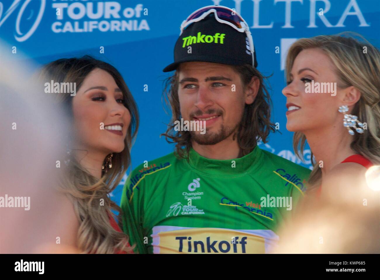 Peter Sagan taking the podium after his win of stage 1 at the Amgen ...