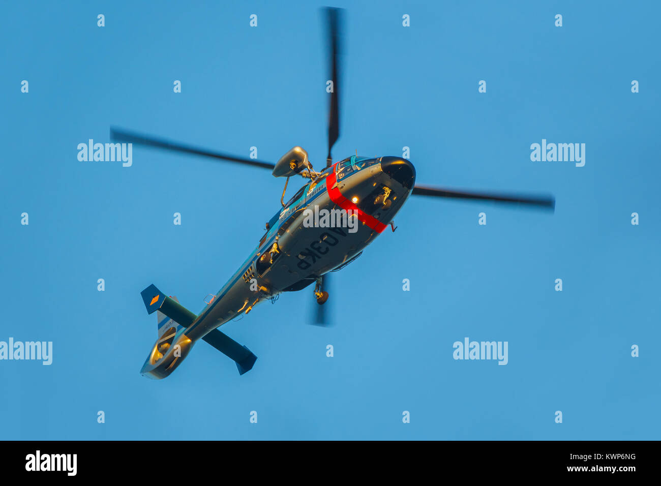YOKOHAMA, JAPAN - NOVEMBER 24 2015: Japanese Police Chopper in the sky ...